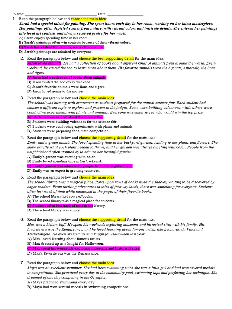 Main Ideas and Supporting Details Practice | PDF | Art | Poetry