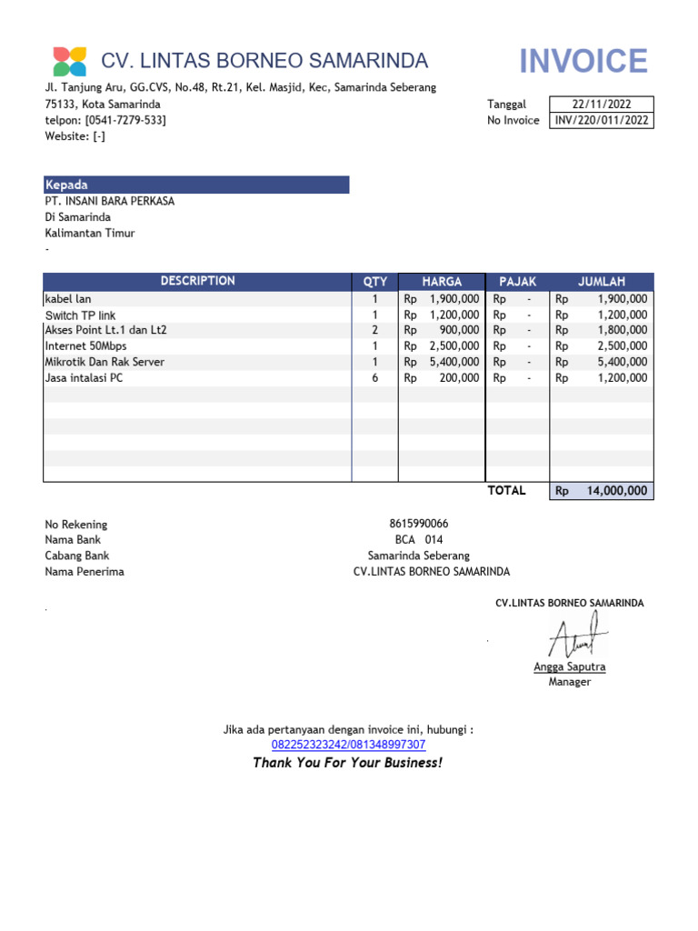Invoice CV LBS - Instalasi Jaringan - Protecom | PDF | Worksheet | Spreadsheet