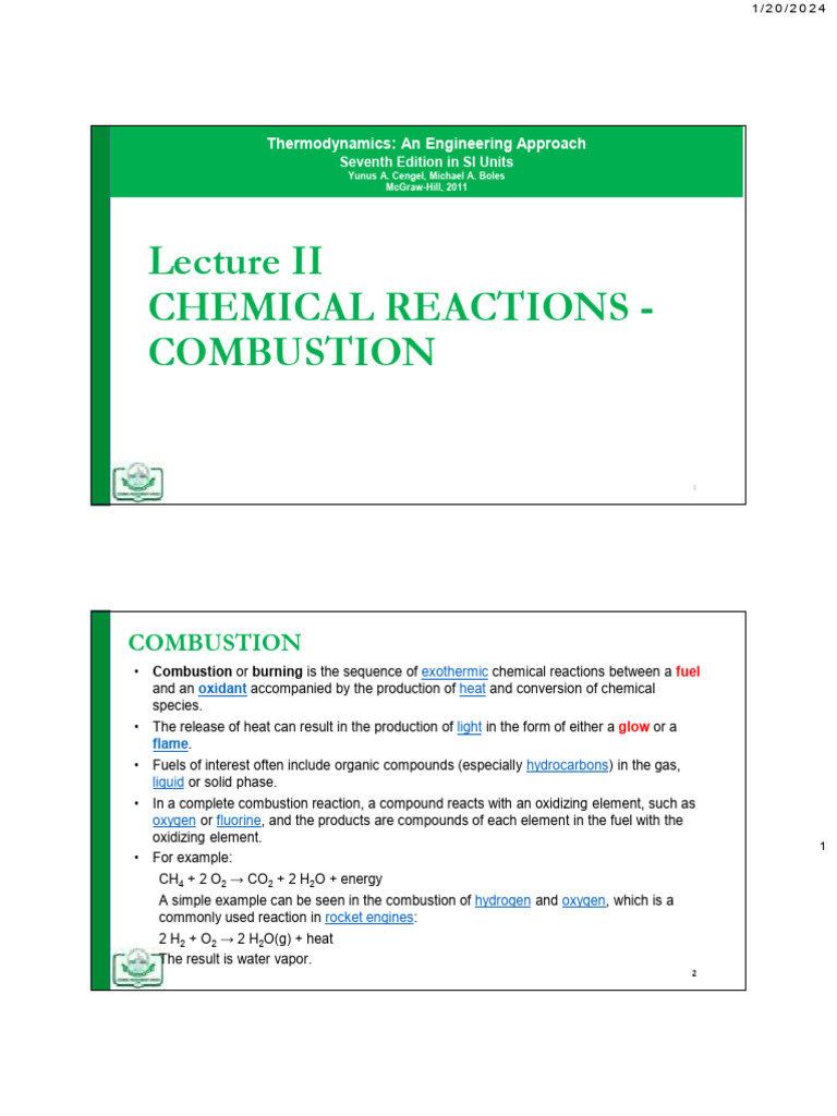 Lecture CH II - MCE 419 - Combustion | PDF | Combustion | Oxide