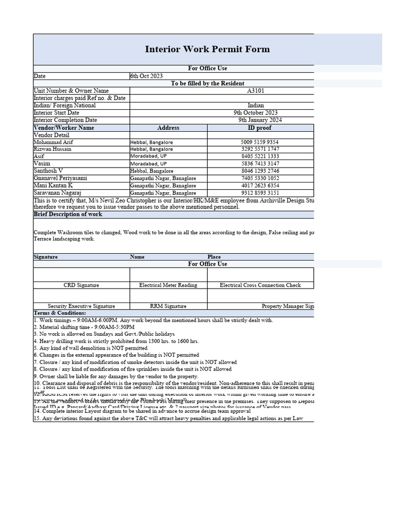 Interior Work Permit Form V3 (514) - Archiville Filled This Out | PDF