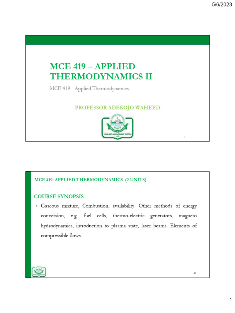 Lecture CH I - MCE 419 - Gas Mixture | PDF | Gases | Mole (Unit)
