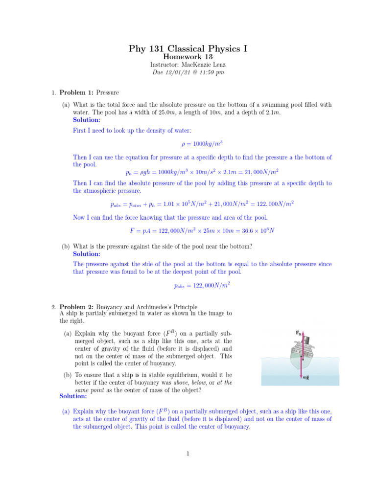 PHY131 hw13 | PDF | Buoyancy | Physical Sciences