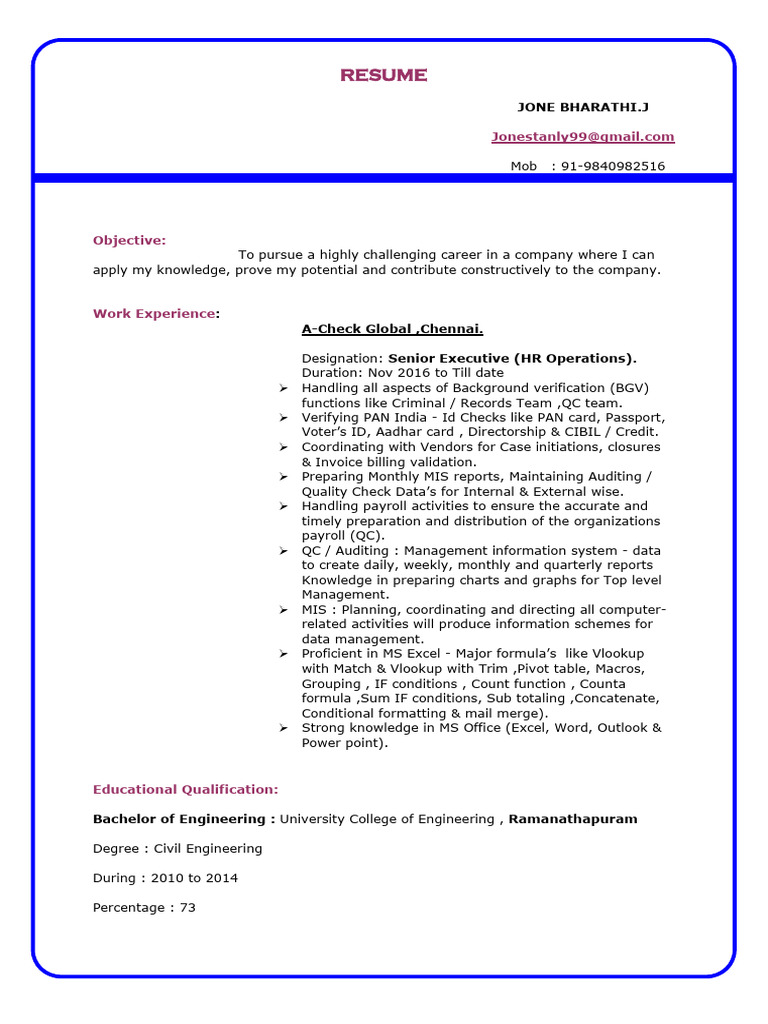 Jone Bharathi - Resume New | PDF | Microsoft Excel | Computing