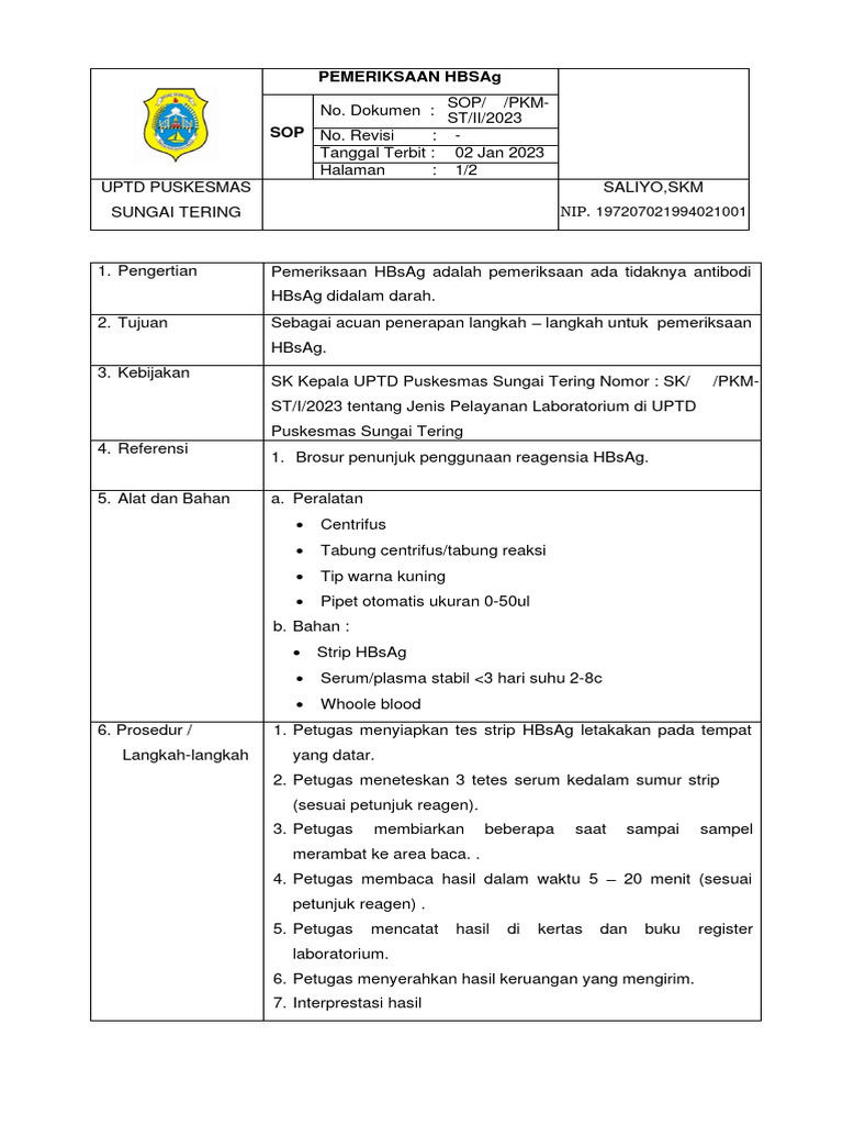 Sop Pemeriksaan Hbsag | PDF
