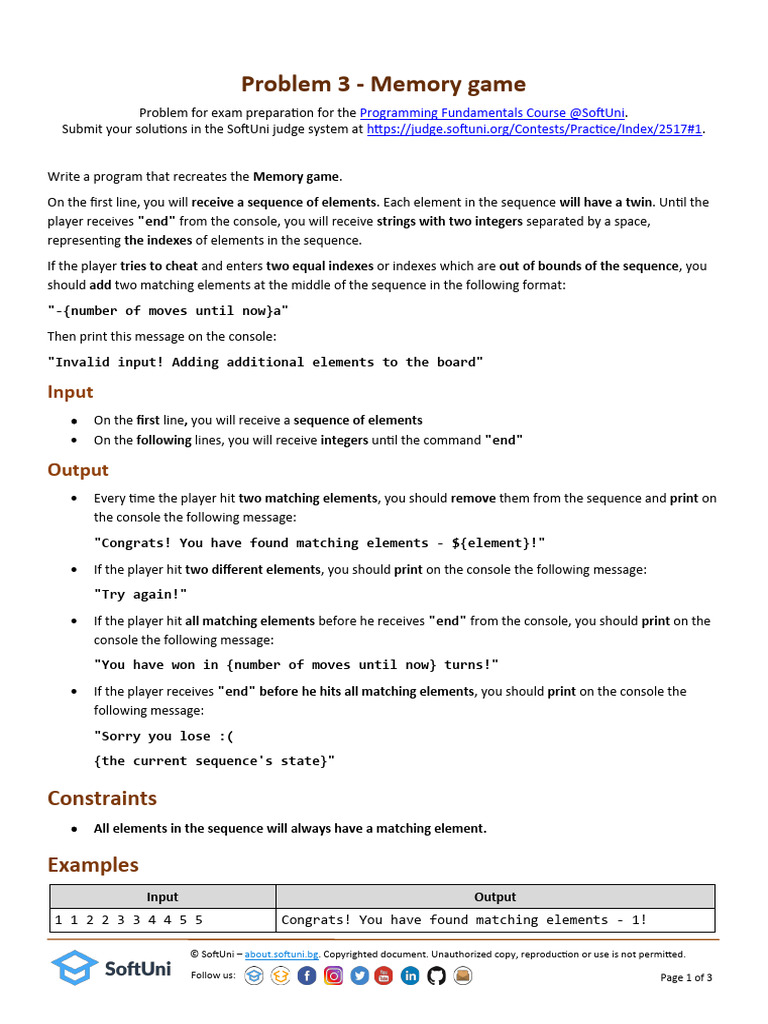Memory Game - Problem Description | PDF | Sequence | Theoretical Computer Science