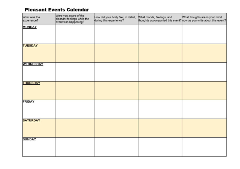 MBSR Pleasant Events Calendar Word | PDF
