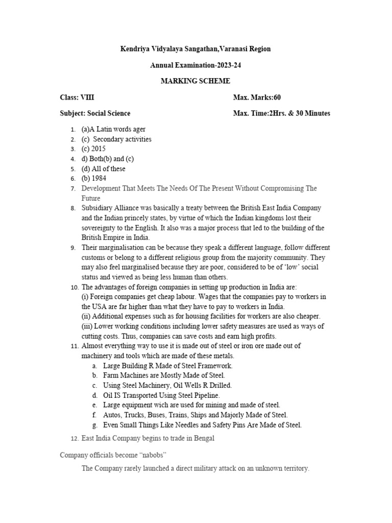 Class 8 SST - Marking Scheme | PDF