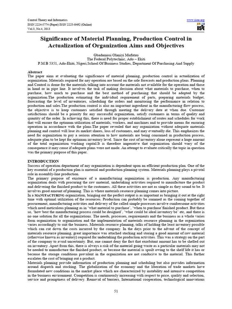 Importance of Material Planning in Production | PDF | Inventory ...