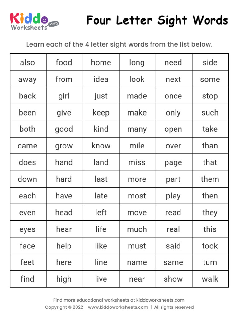 Four Letter Sight Words Worksheet | PDF