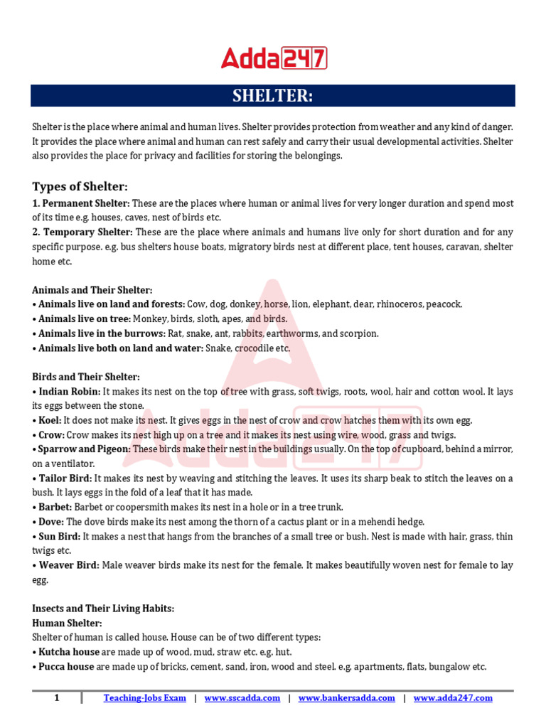 CTET EVS Study Notes PDF On Shelter | PDF | Roof | Mud