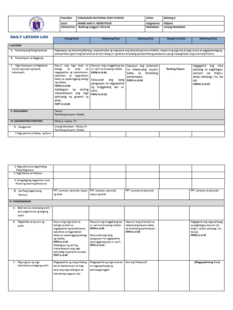 Dll-Filipino-9-Ikatlong Linggo | PDF