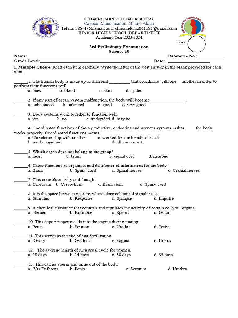 Grade 10 Science 3rd Quarter Exam | PDF | Central Nervous System | Nerve