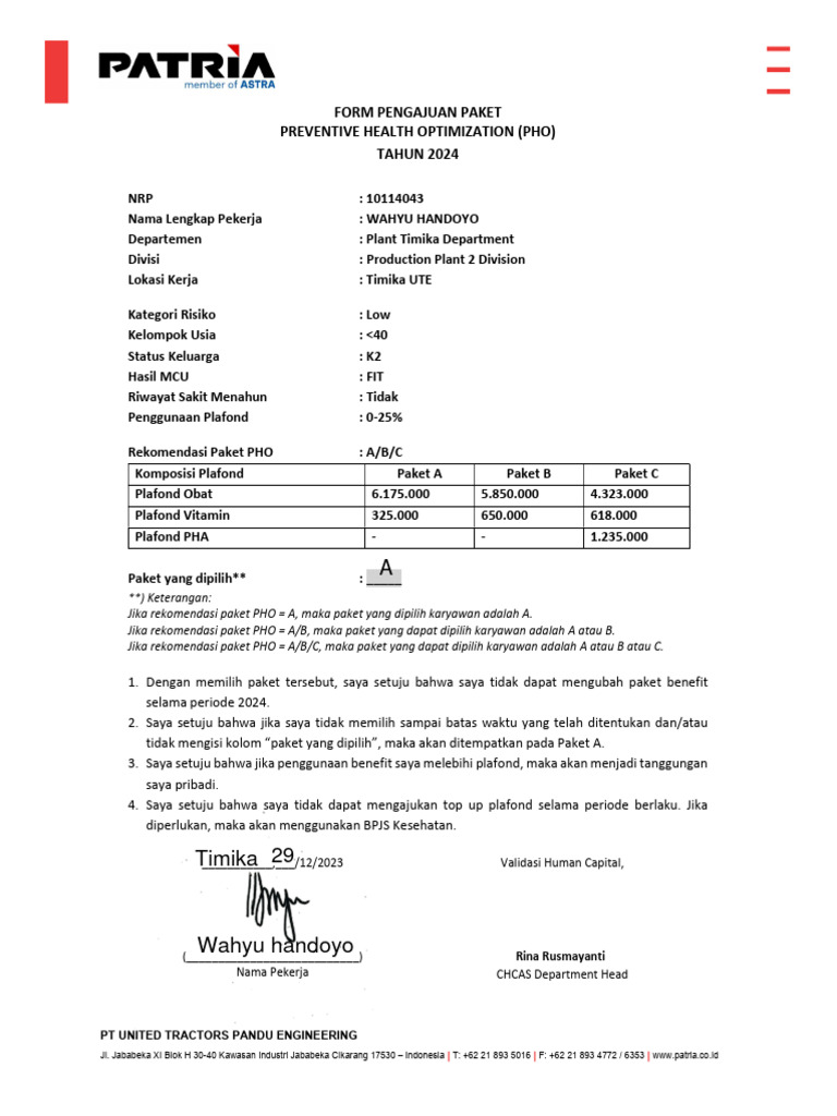Form Pengajuan Paket Preventive Health Optimization (Pho) TAHUN 2024 | PDF