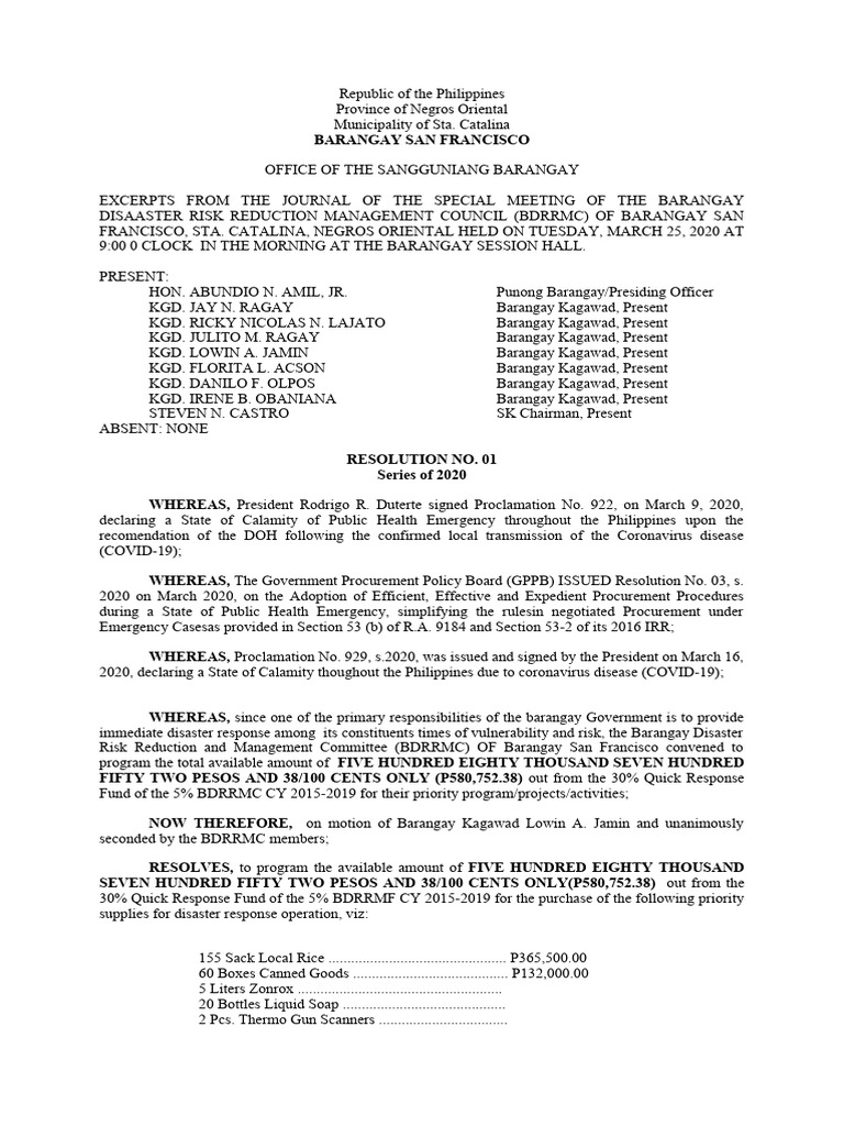 Barangay San Francisco COVID-19 Response Fund Allocation | PDF