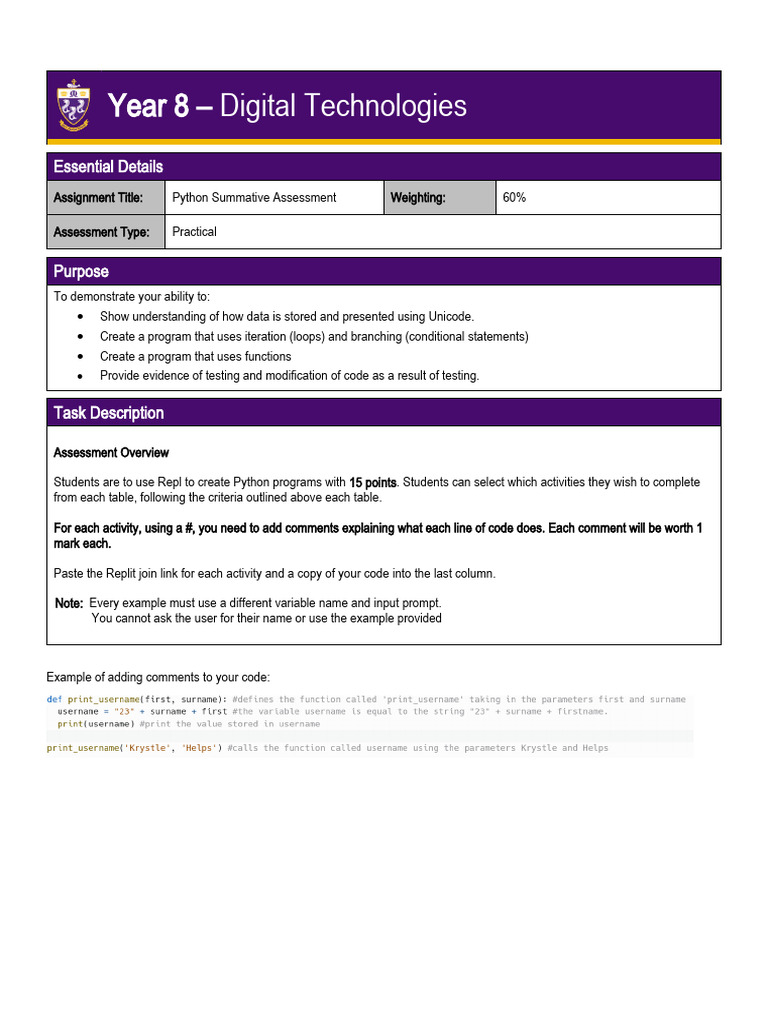 Task 1 - Python Final Summative Assessment 2024 | PDF | Control Flow | Computer Program