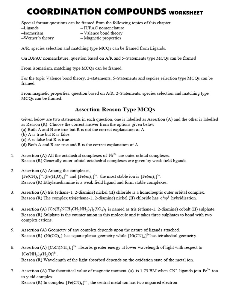 Coordination Compounds Worksheet Online PDF | PDF | Coordination Complex | Ligand