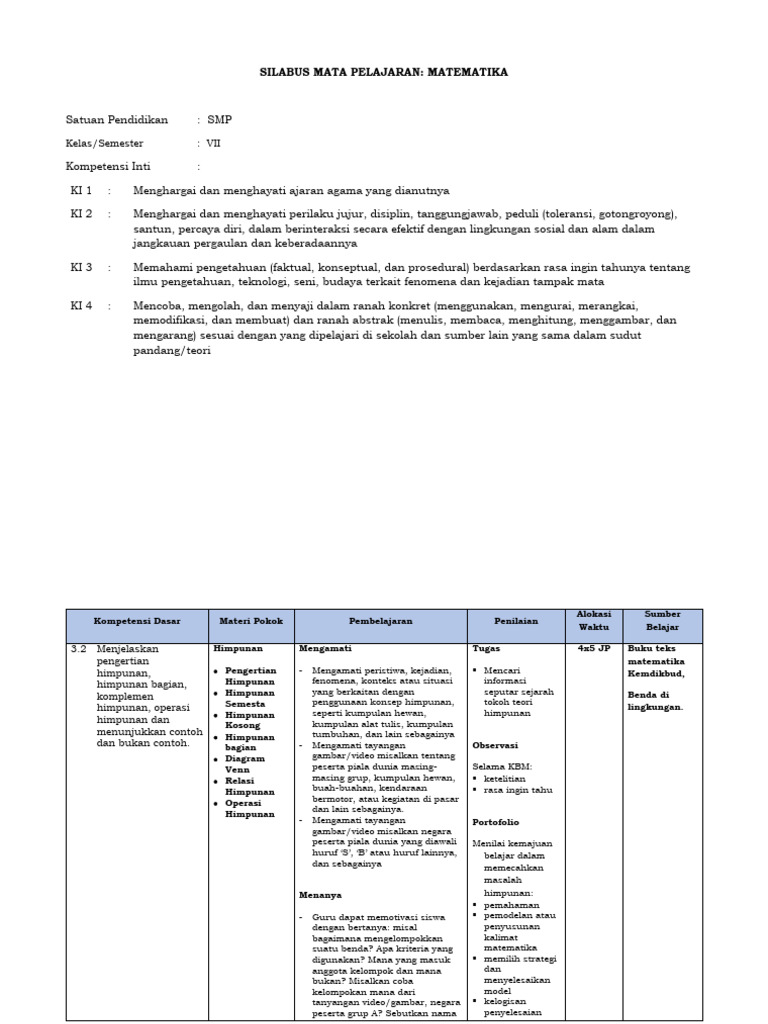 Contoh Silabus Kls 7 | PDF