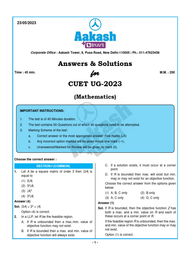 CUET 2023 - Mathematics - (23 05 2023) | PDF | Mathematics ...