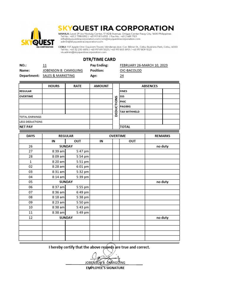 DTR or Time Card 1 | PDF