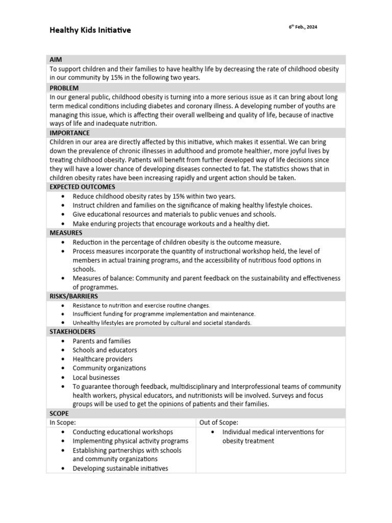 Improvement Project Charter | PDF | Obesity | Childhood Obesity