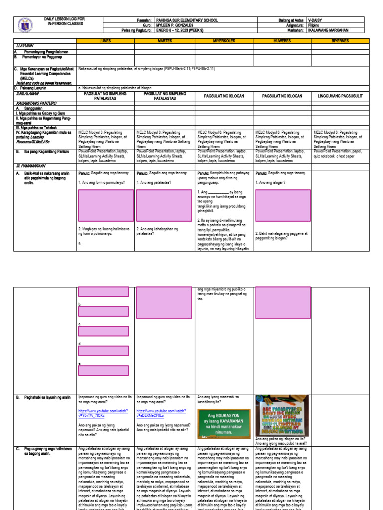 DLL FILIPINO (MELCs) W9 | PDF