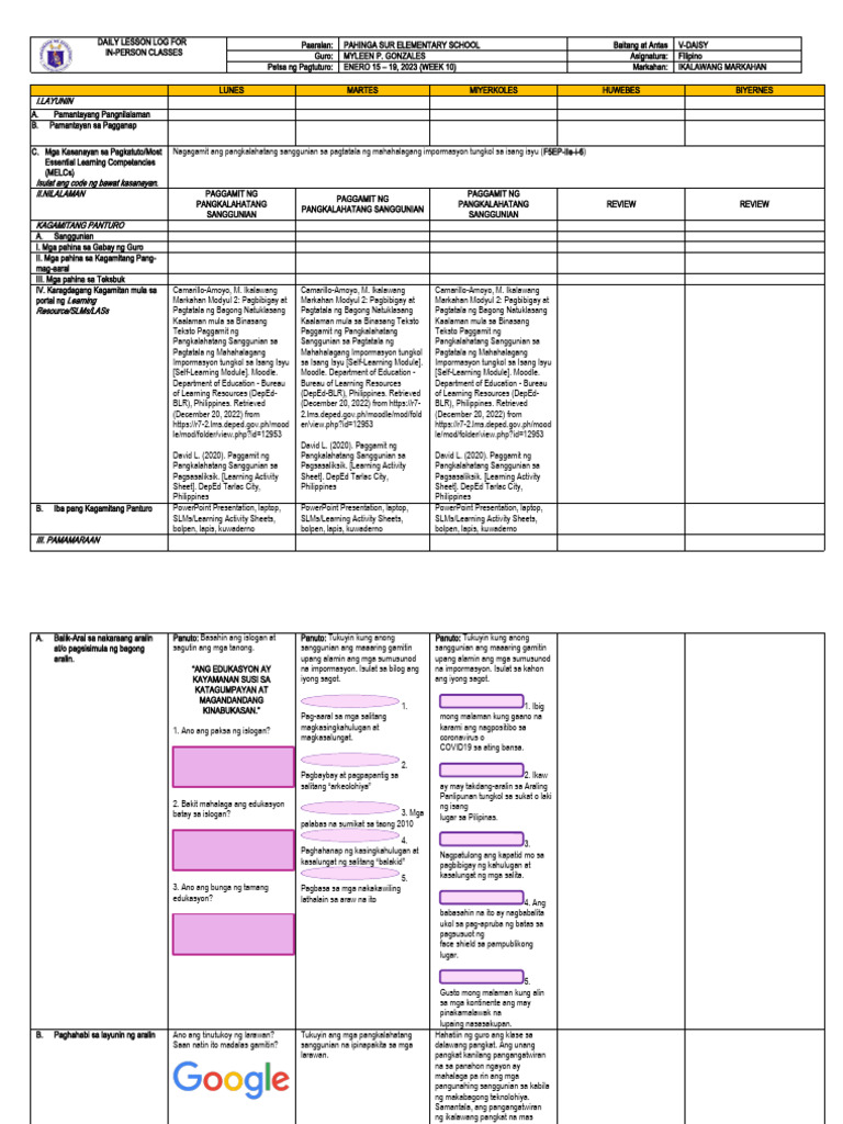 DLL FILIPINO (MELCs) W10 | PDF