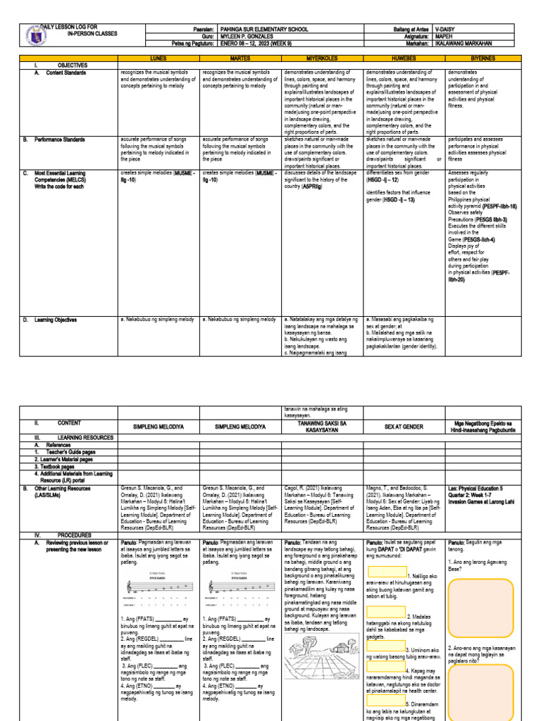 DLL MAPEH (MELCs) W9 | PDF