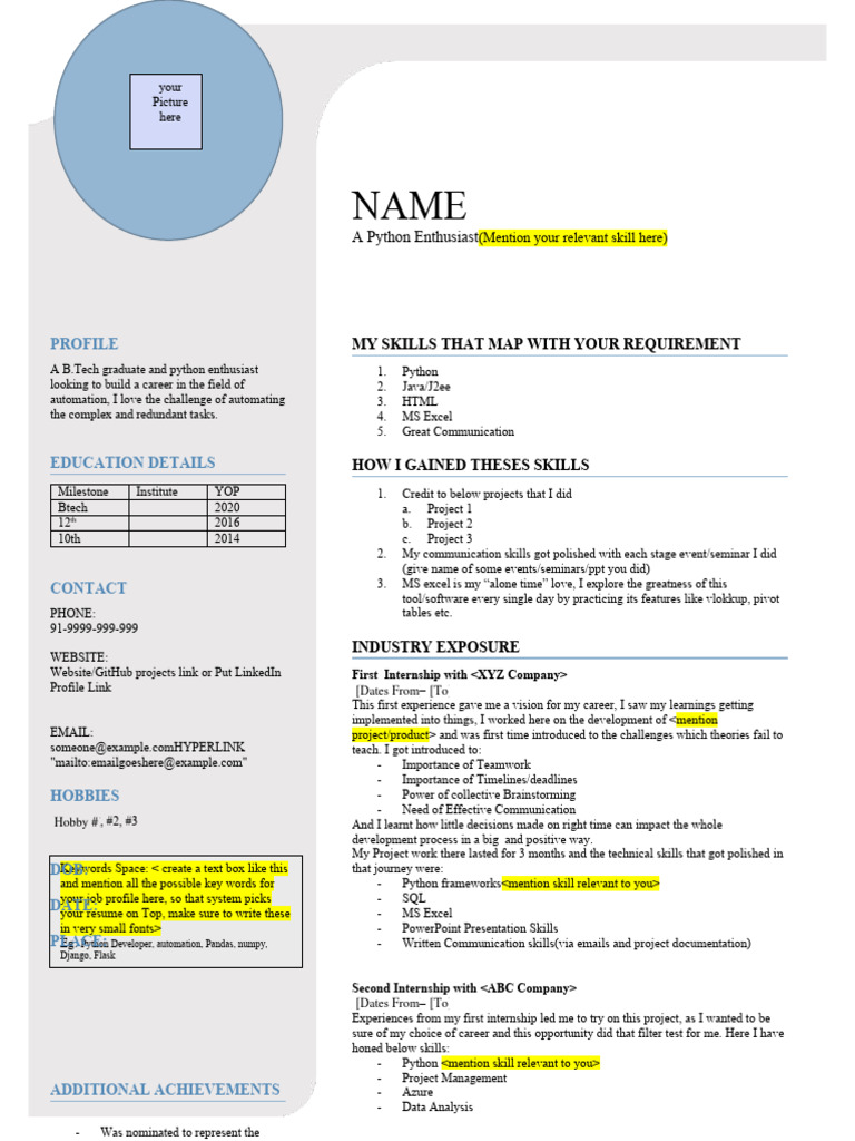 Technical Fresher Resume Template | PDF | Python (Programming Language) | Computing