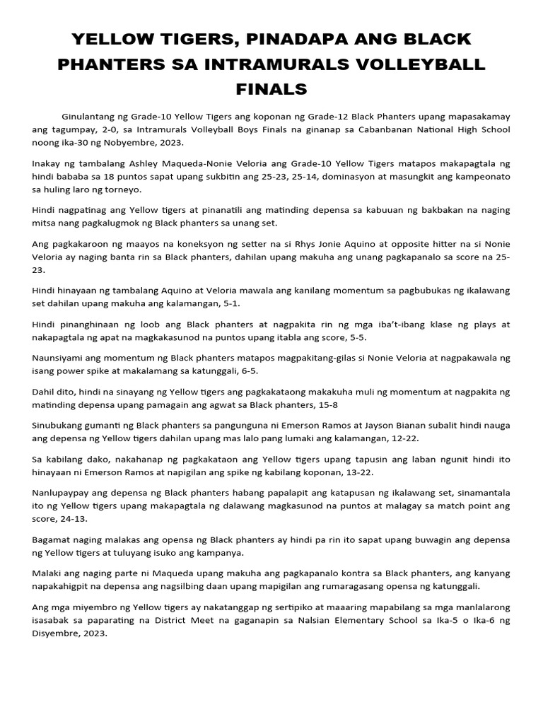 Sports Writing FIlipino Volleyball Boys | PDF