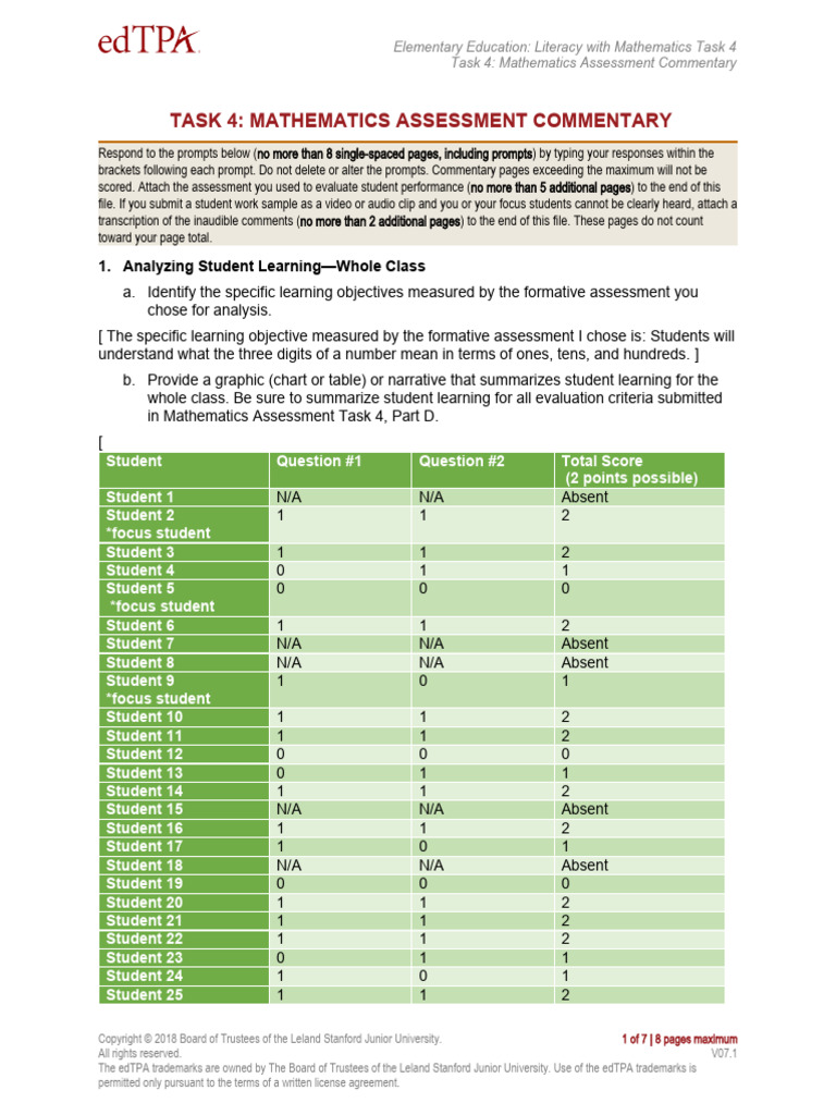 Task 4 Part G - Math Assessment Commentary | PDF | Learning | Understanding