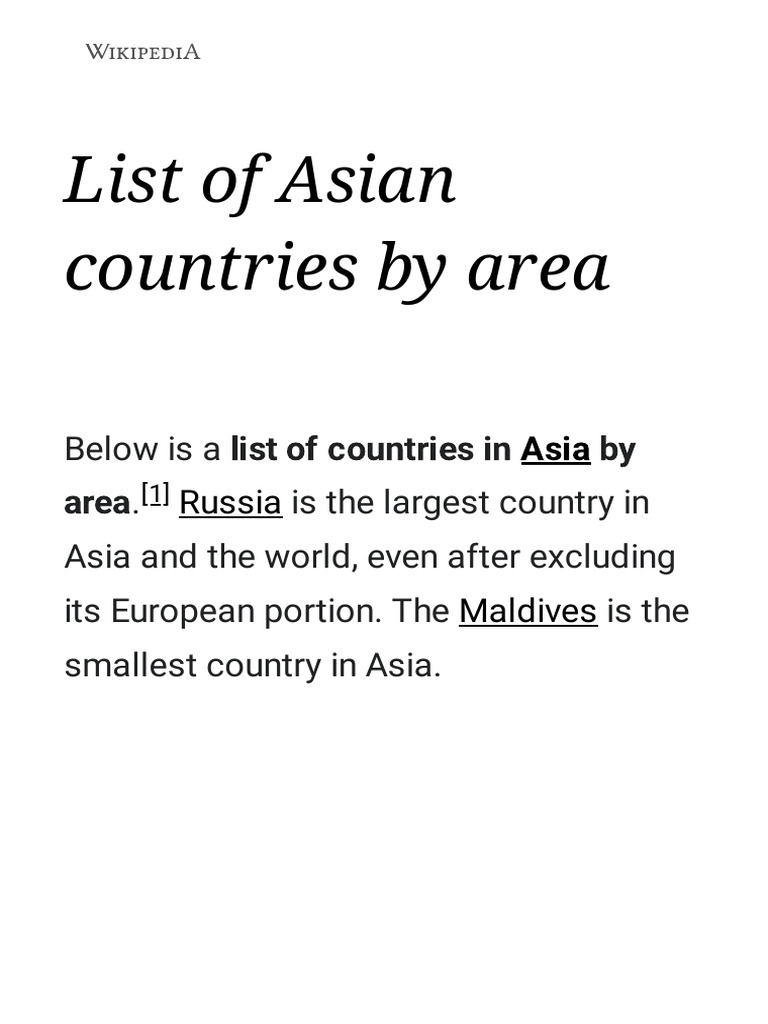 List of Asian Countries by Area - Wikipedia | PDF | Asia | Macau