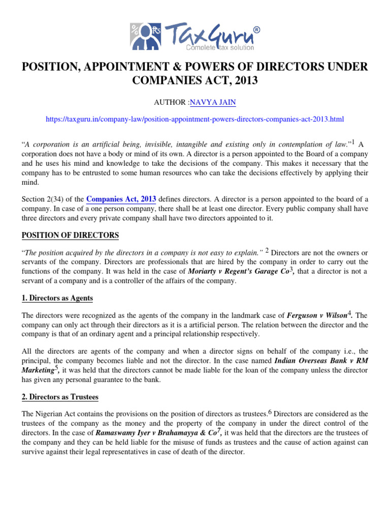 Directors' Roles Under Companies Act 2013 | PDF | Trustee | Board Of ...