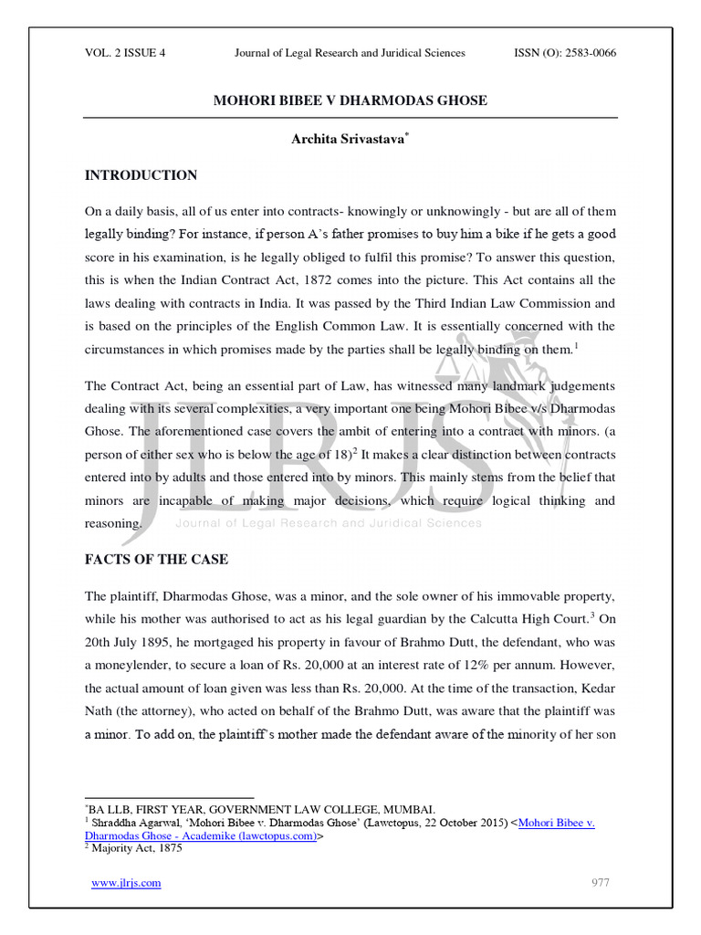 Mohori Bibee v Dharmodas Ghose Case Summary | PDF | Loans | Justice