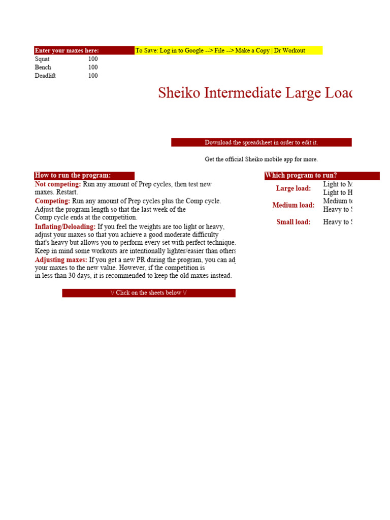 Sheiko Intermediate Large Load - DR Workout | PDF | Physical Fitness ...