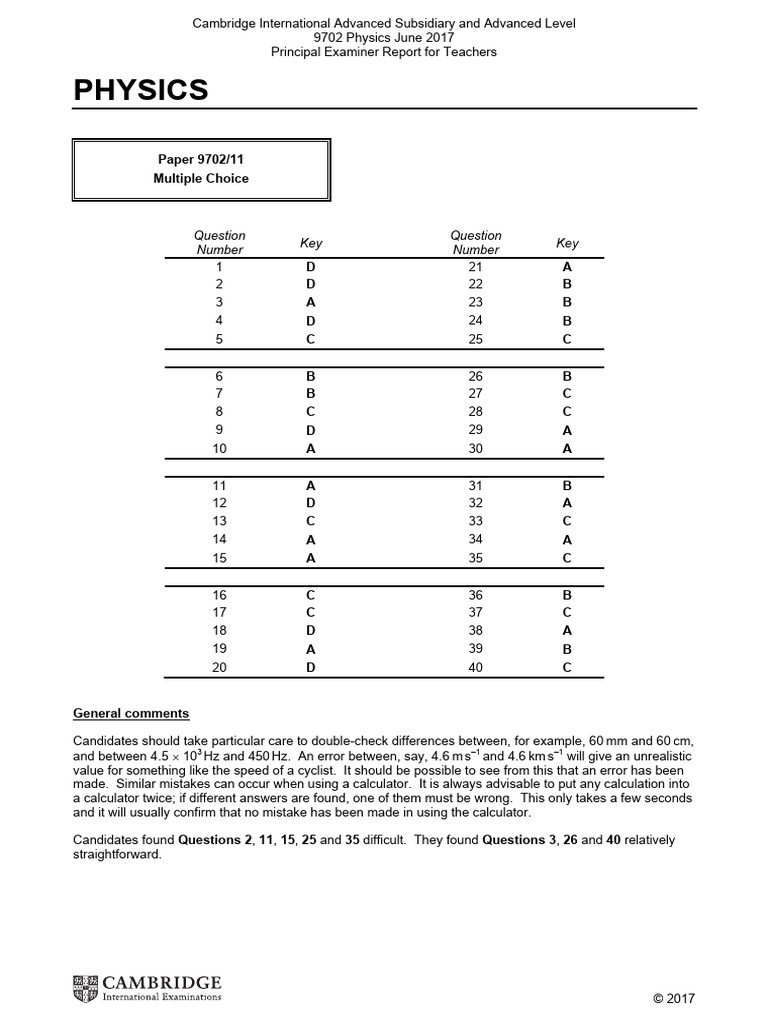 Physics: Paper 9702/11 Multiple Choice | PDF | Waves | Force