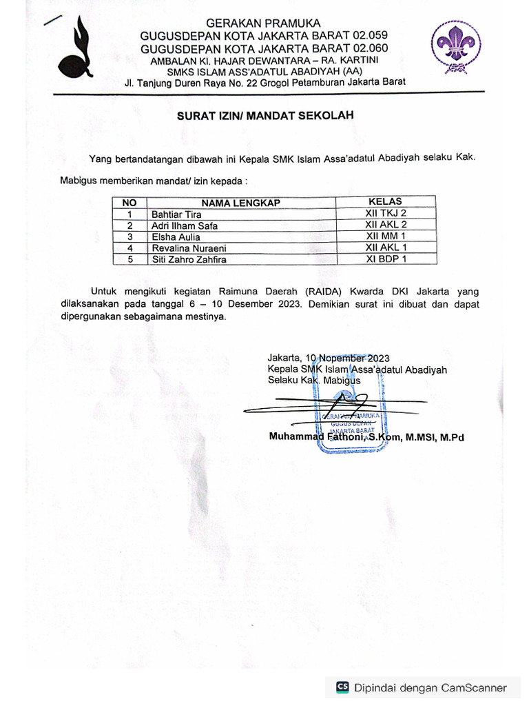 Surat Mandat Sekolah (SMK AA) | PDF