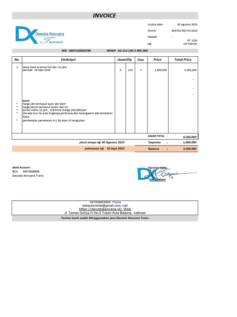 Invoice Sewa Mobil | PDF