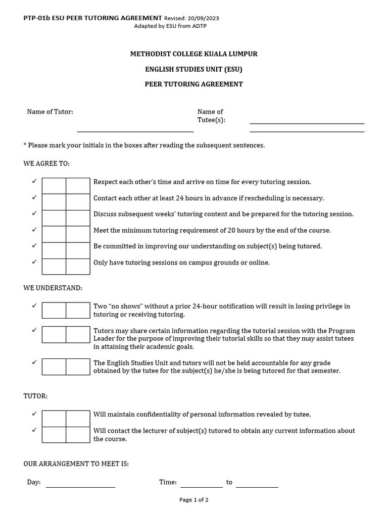Peer Tutoring Agreement Guide | PDF | Teaching | Human Communication