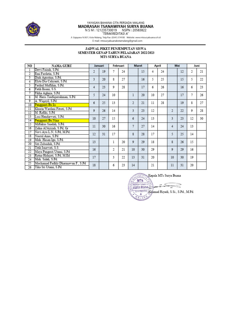 Jadwal Piket Penjemputan - Semester Genap - 2022-2023 | PDF