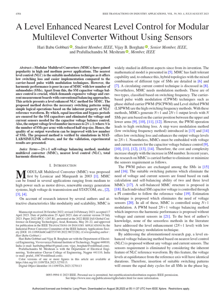 A Level Enhanced Nearest Level Control For Modular Multilevel Converter Without Using Sensors ...