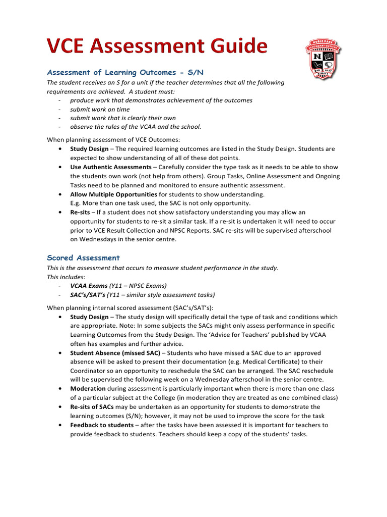 VCE Assessment Handout 2019 | PDF | Learning | Cognition