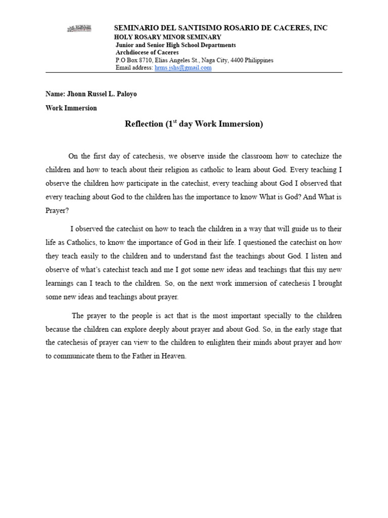 Work Immersion Reflections: Catechesis | PDF | Catechism | Prayer