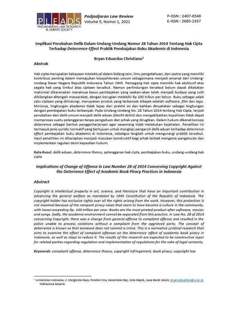 Implikasi Perubahan Delik Dalam Undang-Undang Nomor 28 Tahun 2014 Tentang Hak Cipta Terhadap ...