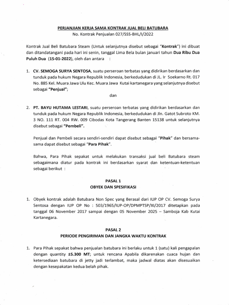 Kontrak CV - SSS - CV - BHL - 0001 | PDF