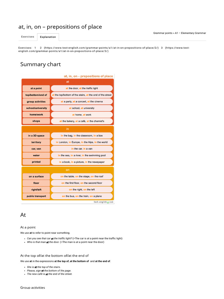 At, In, On - Prepositions of Place - Test English | PDF