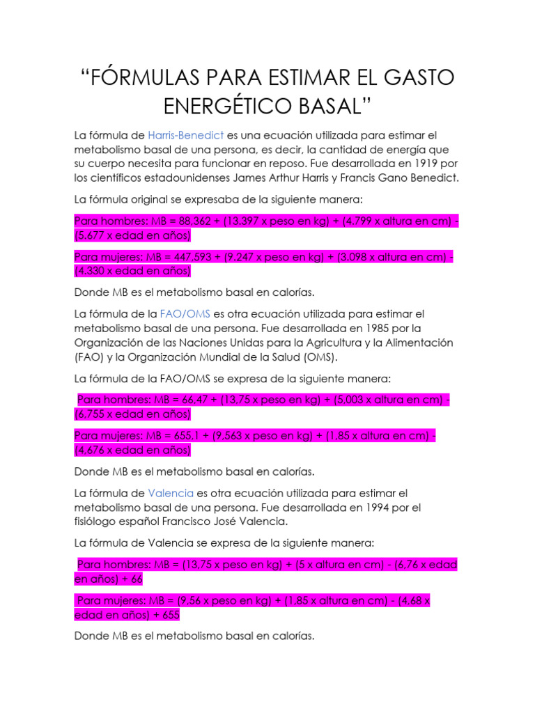 Fórmulas para Calcular Gasto Energético | PDF