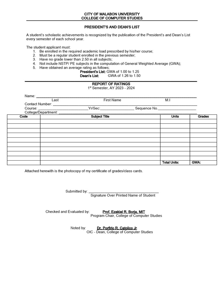Presidents and Deans List Application Form | PDF | Career & Growth ...
