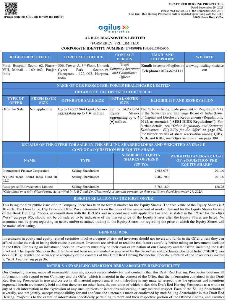 Agilus DiagnostIics Limited DRHP | PDF | Stocks | Investing
