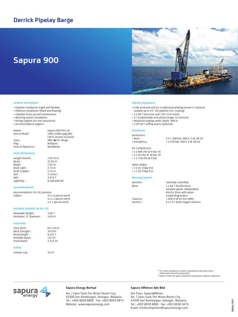 Sapura 900 Pipelay Barge Specs | PDF | Manufactured Goods