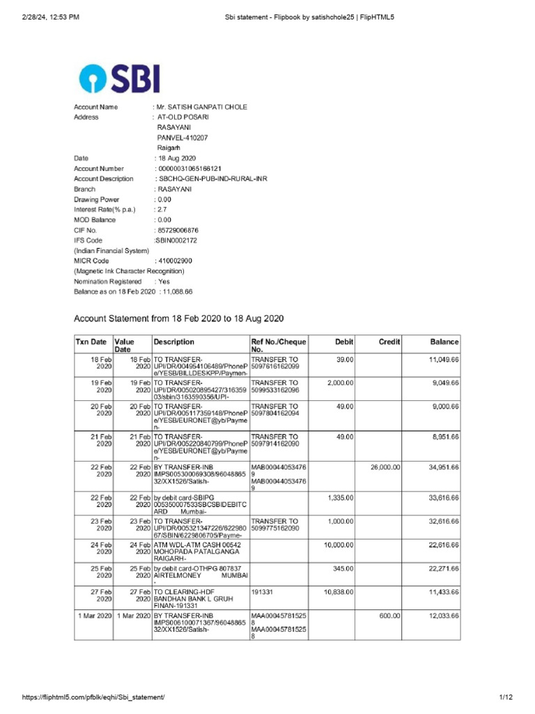Sbi Statement - Flipbook by Satishchole25 - FlipHTML5 | PDF